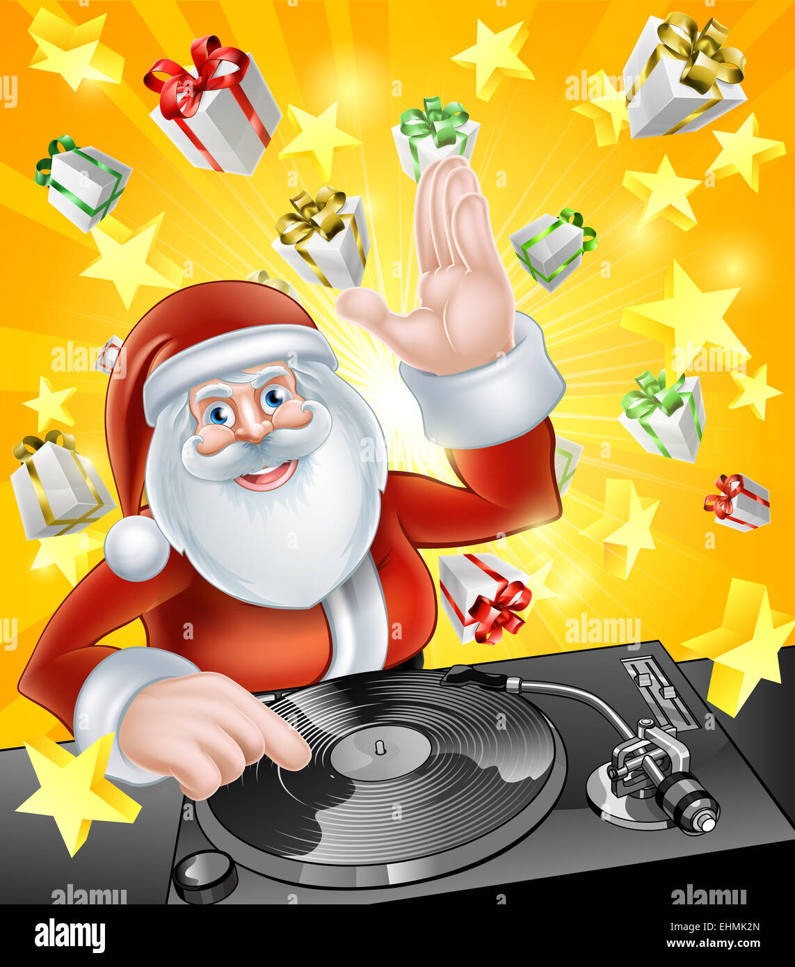 Cartoon Christmas Santa Claus DJ at the record decks with Christmas ...