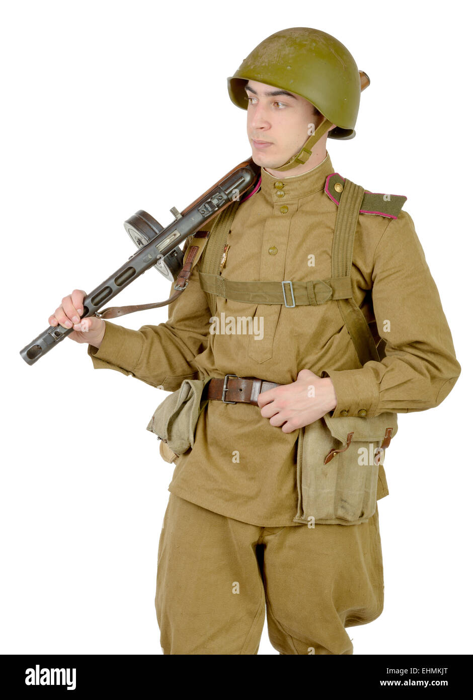 young Soviet soldier with machine gun on the white background Stock ...