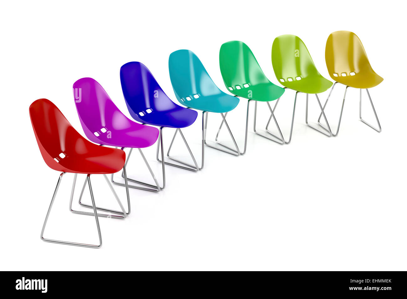 Colorful plastic chairs on white background Stock Photo - Alamy