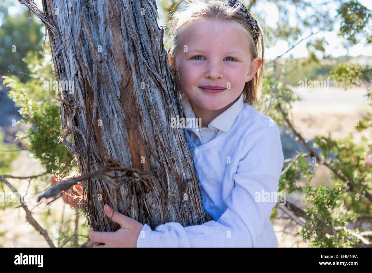 Smiling girl hugging tree Stock Photo - Alamy