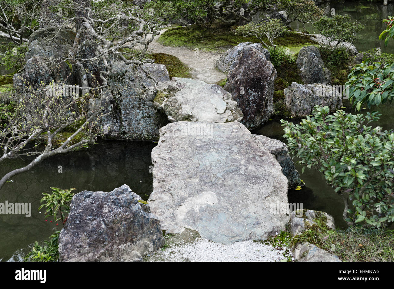 An ancient stone bridge in the 15c Ginkaku-ji zen temple, Kyoto, Japan ...