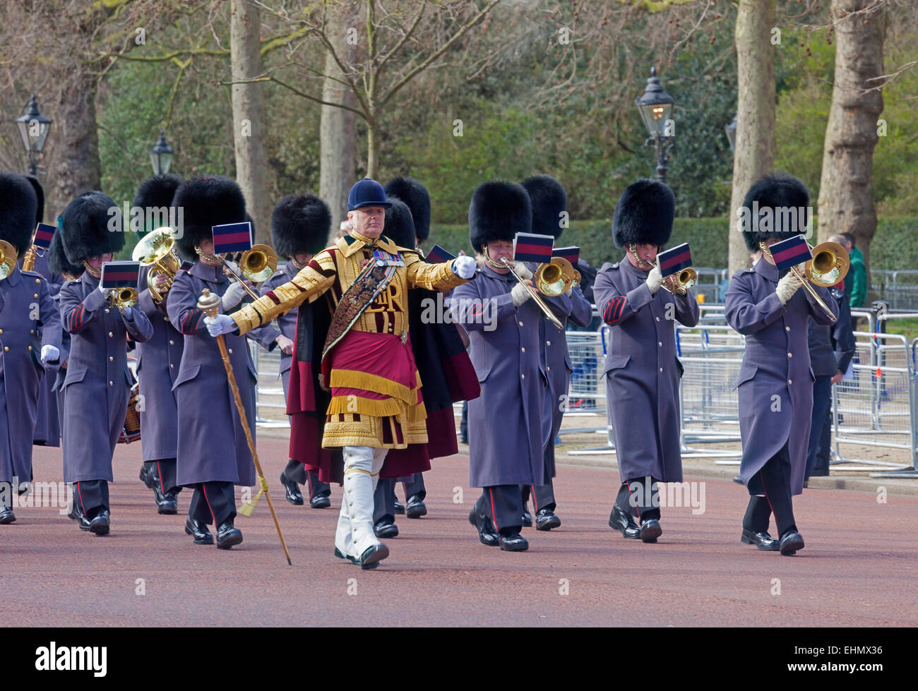 London, The Mall A bandmaster leading a Brigade of Guards band during ...
