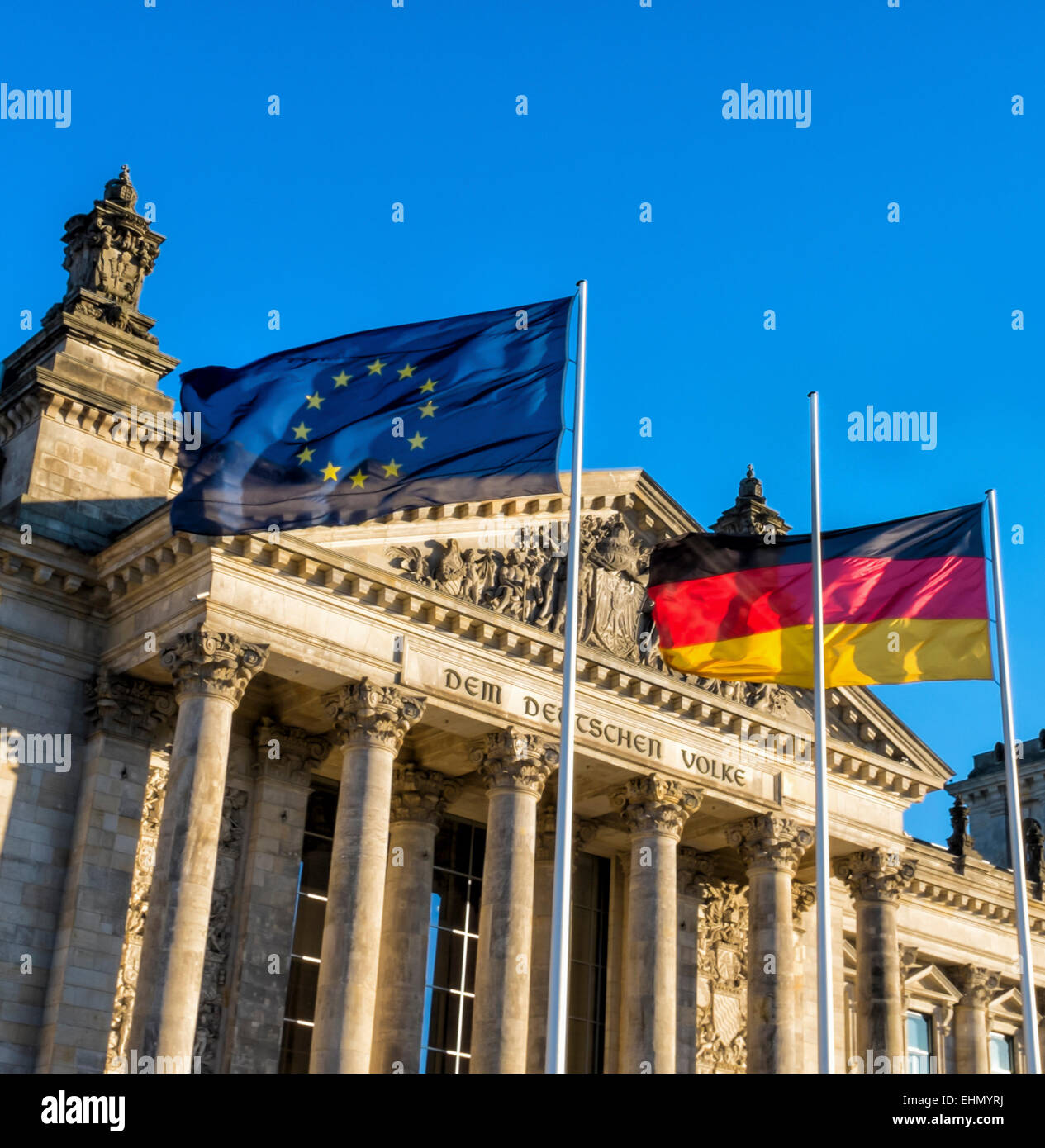 Reichstag, German Government building exterior with German Flag and ...