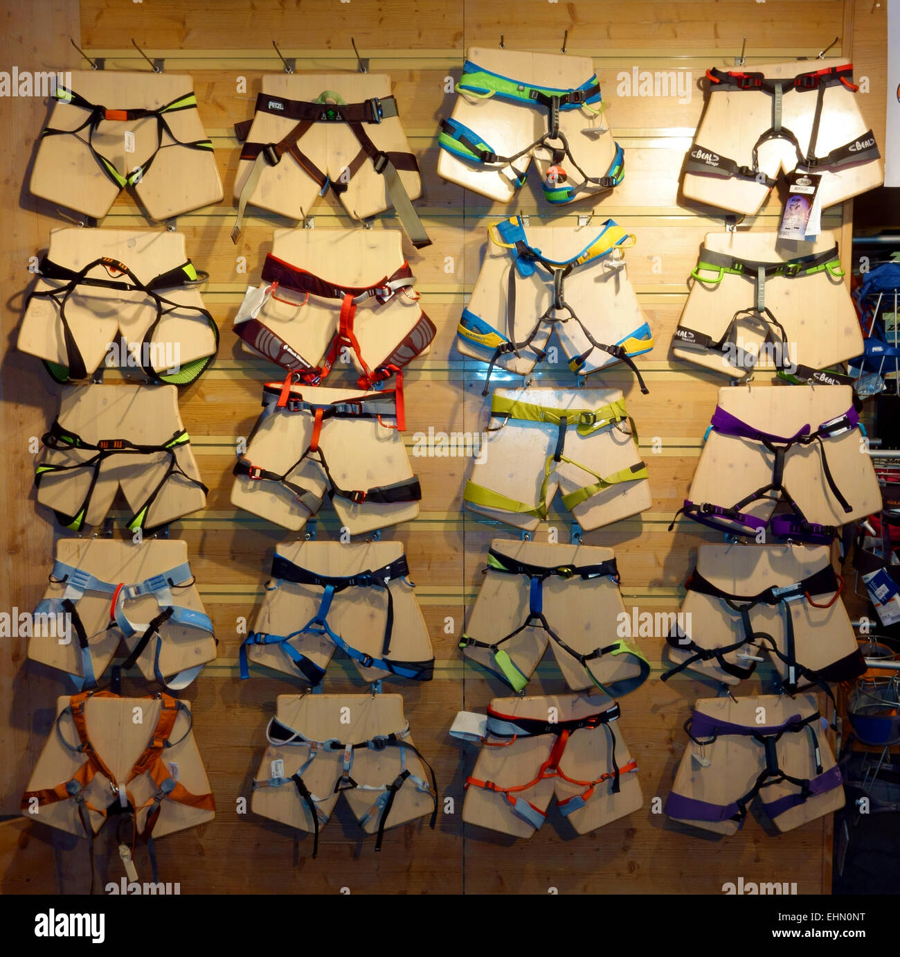 Climbing harnesses on display in a shop Stock Photo - Alamy