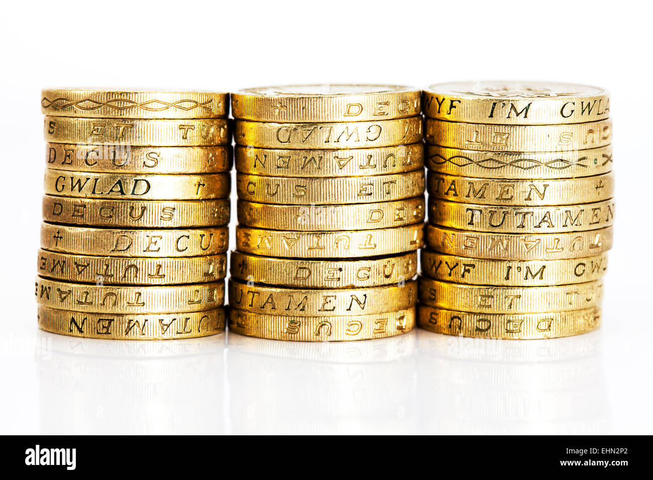 pound coins stacks close detail money cash UK currency isolated cut out ...