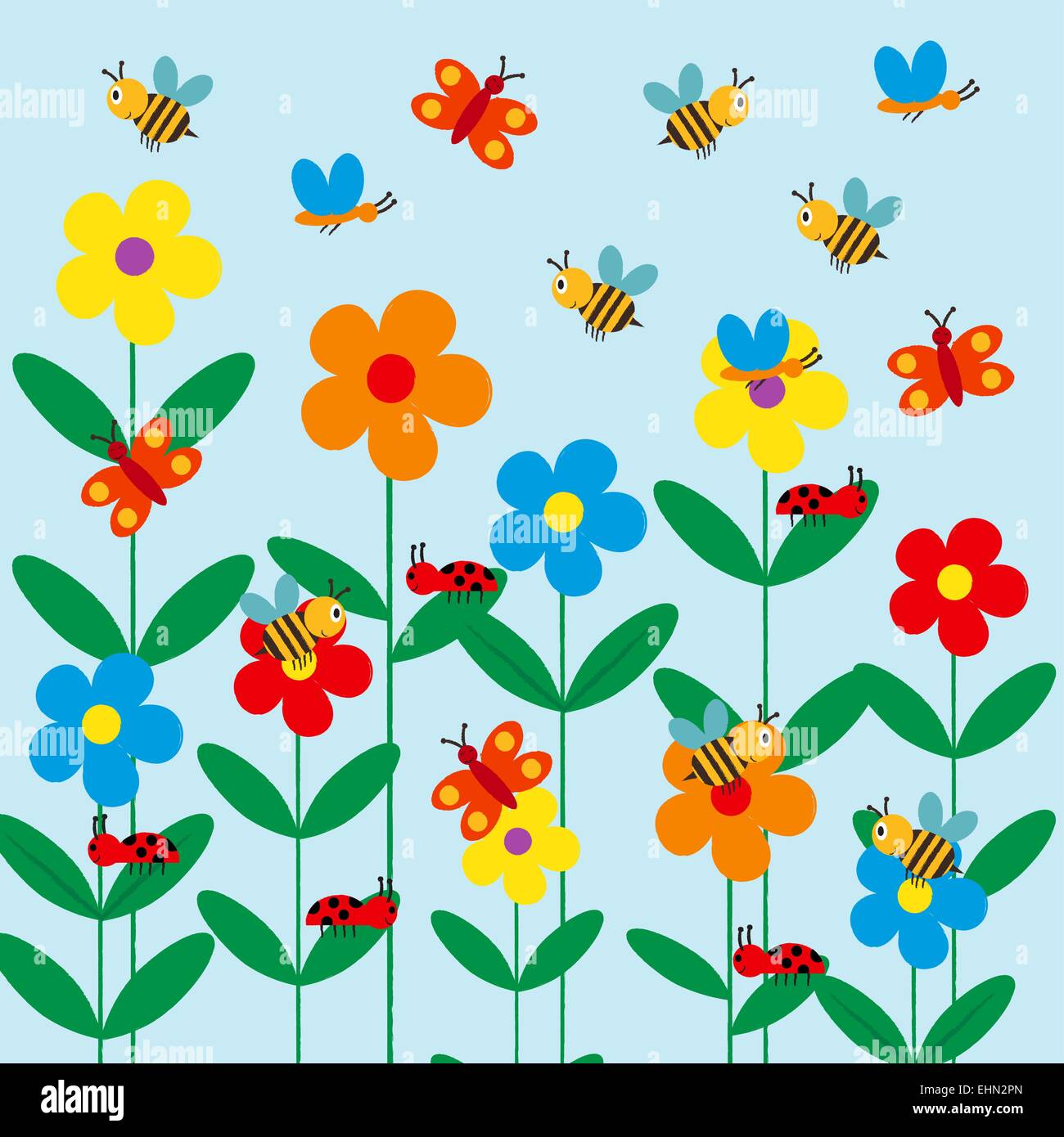 Colorful and cute kids background with flowers, bee and butterfly Stock ...