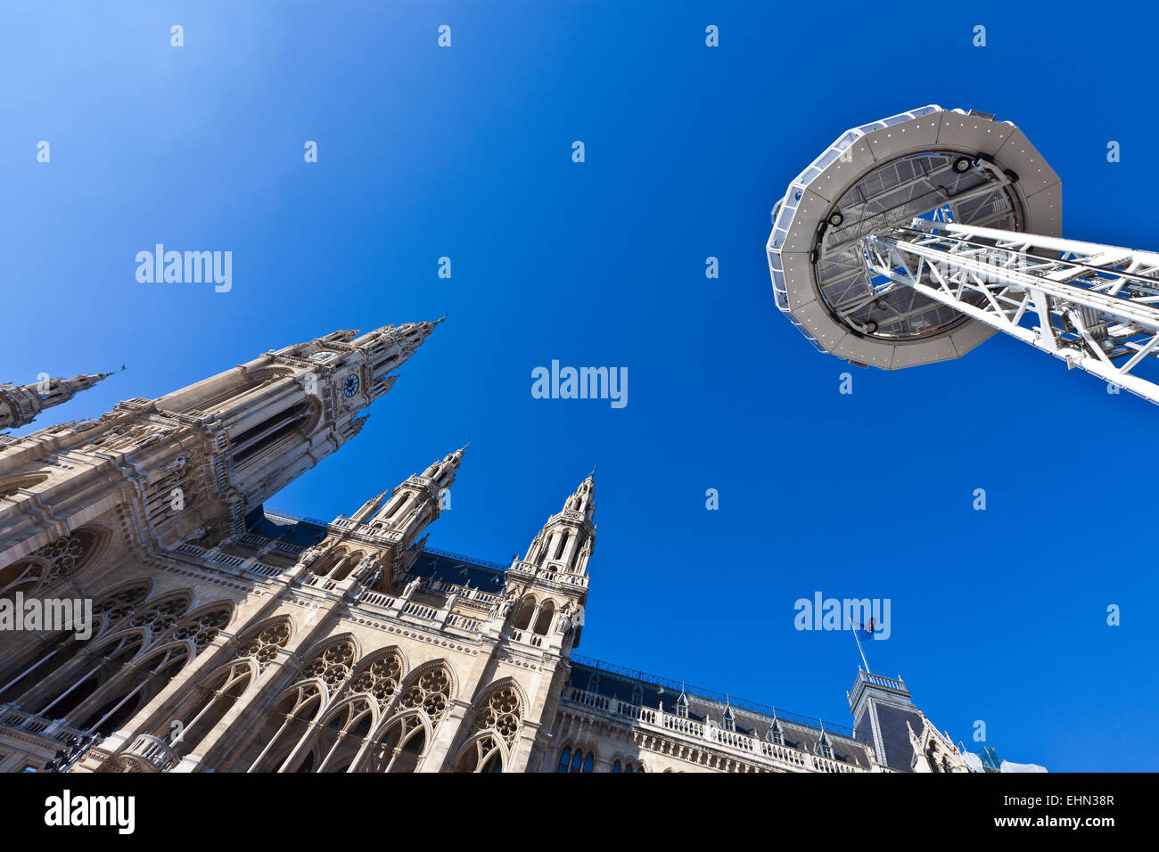 Low angle shot of the Vienna City Hall with the observation platform ...