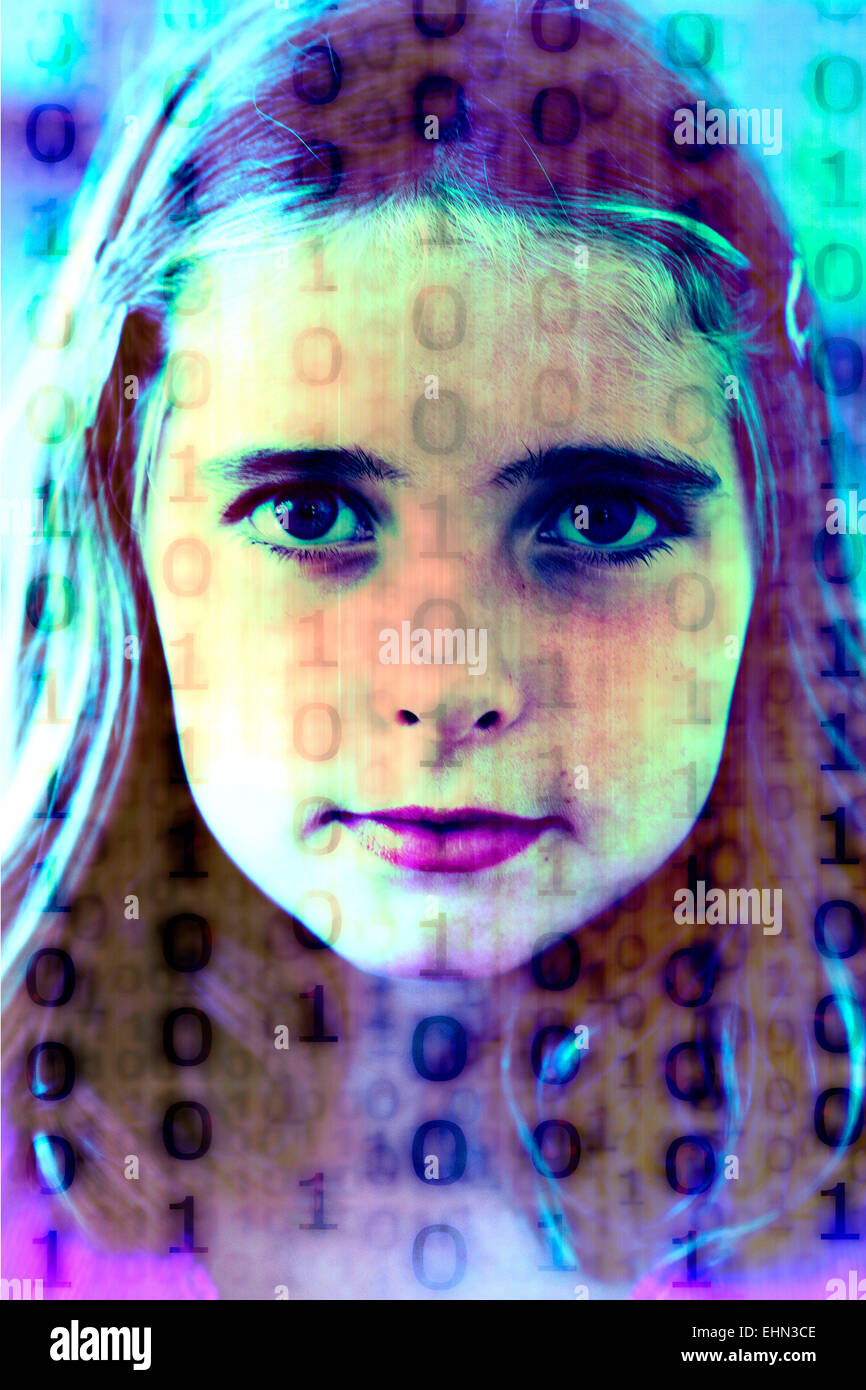 girl face with binary digits superimposed, digital generation concept ...
