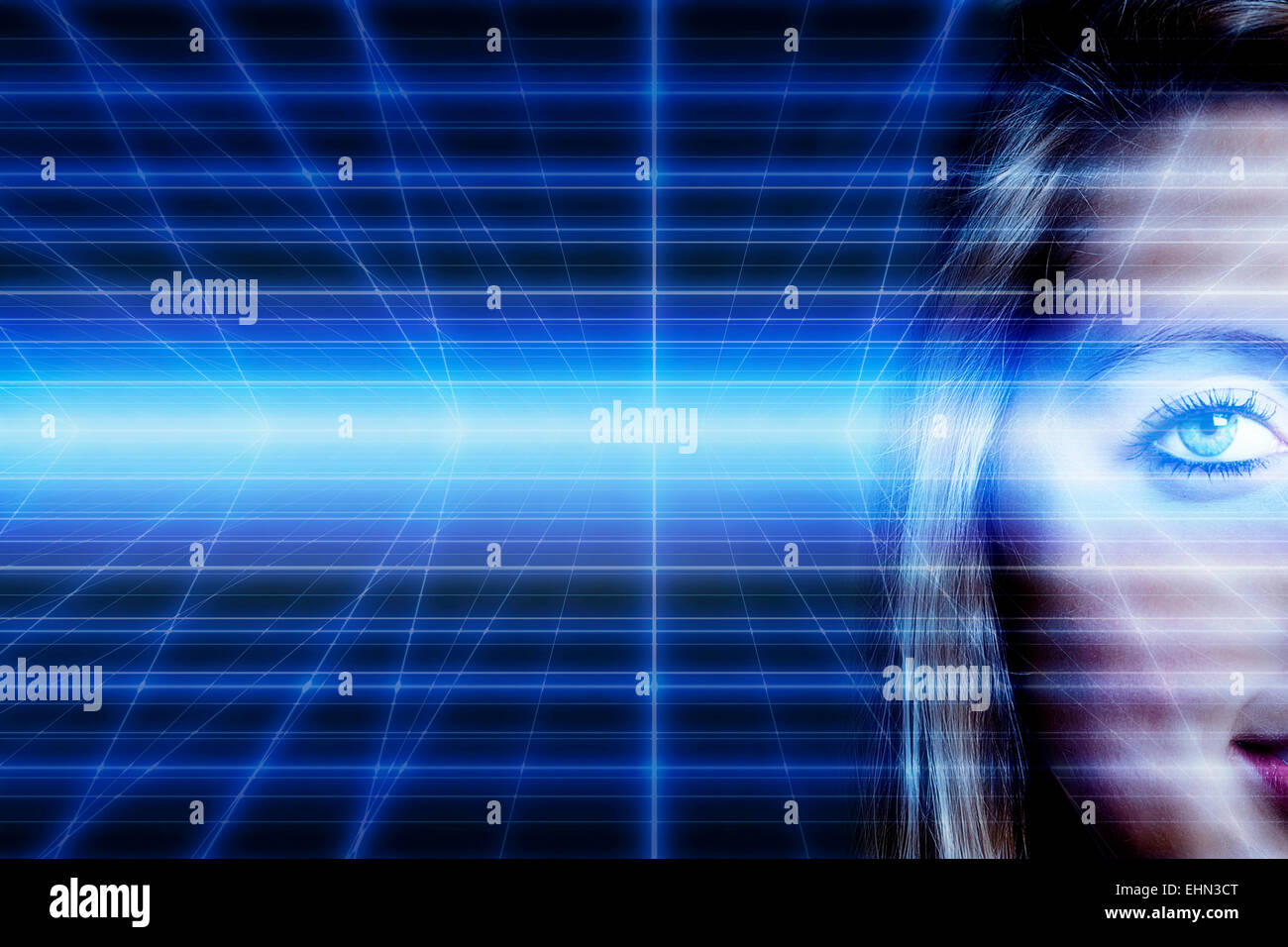 young woman half face against technology future background Stock Photo ...