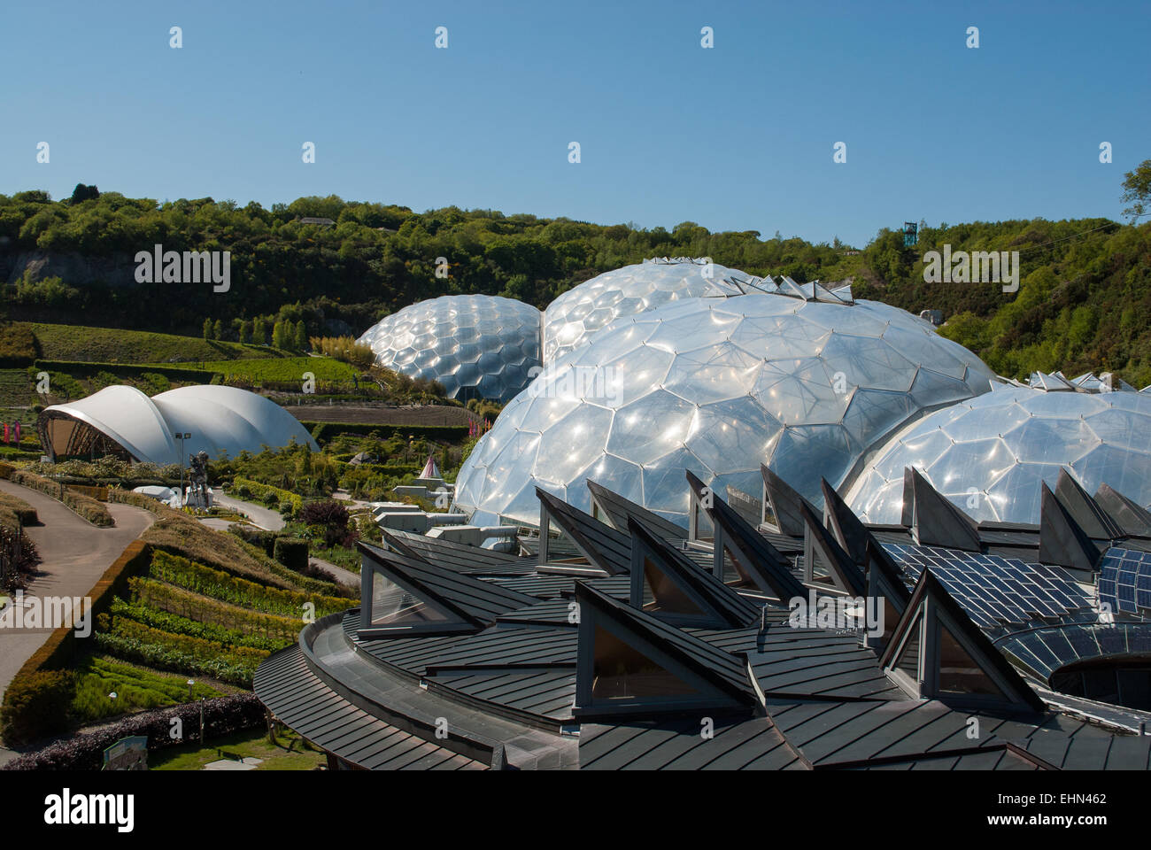 Wider image of Eden project biomes and landscape with the Core in the ...