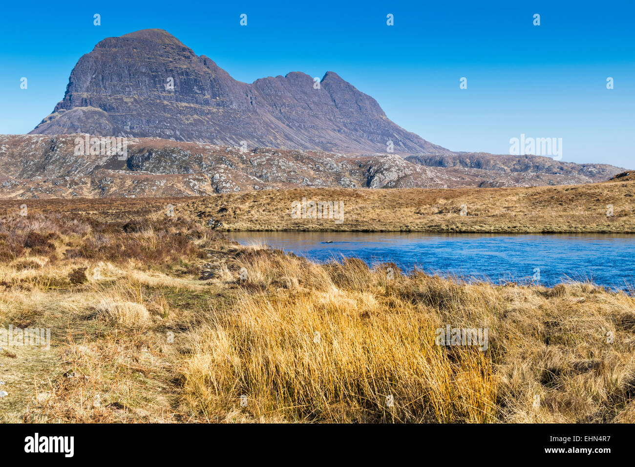 SUILVEN AND THE RIVER KIRKAIG NEAR LOCHINVER SUTHERLAND ON A MARCH ...