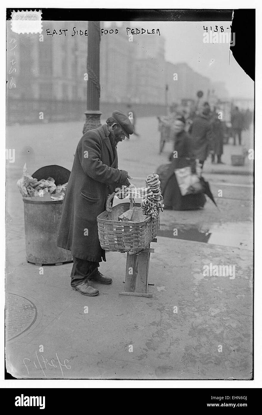This image depicts a food peddler operating on the East Side, offering ...