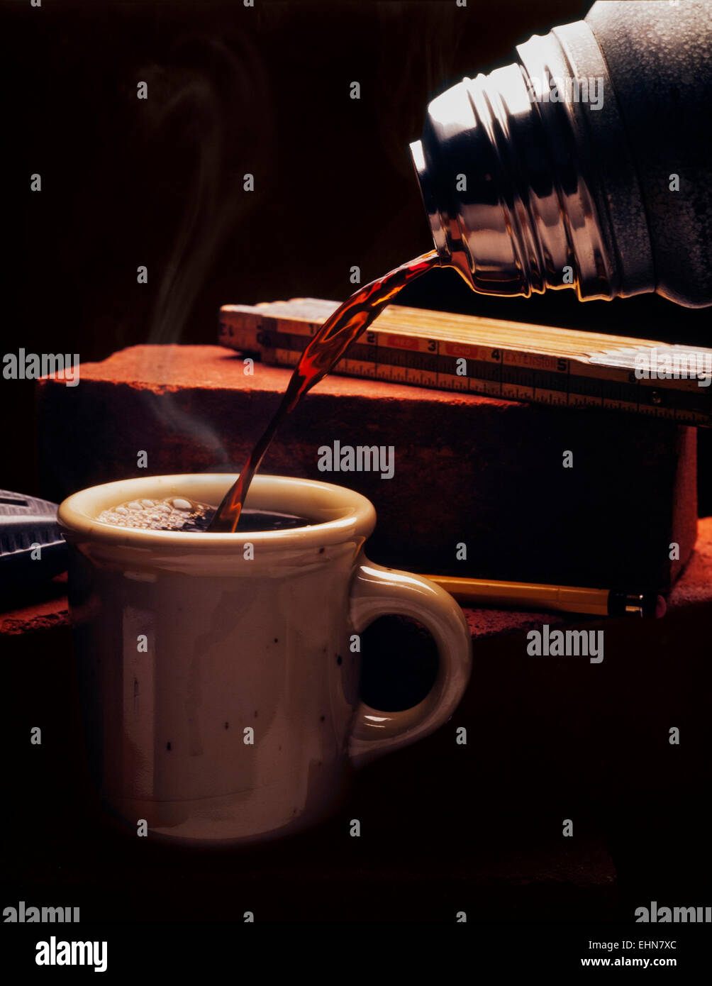 Hot coffee, early morning on a construction set Stock Photo - Alamy