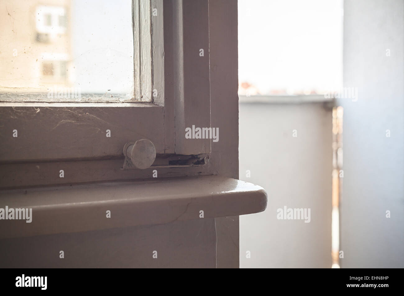 Behind the window, view on terrace entrance, old retro style Stock ...