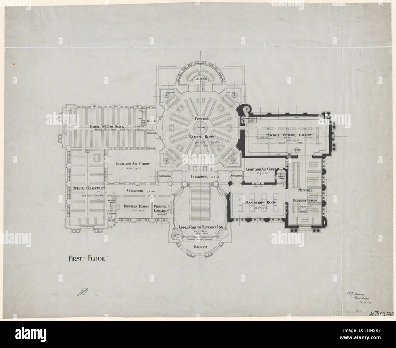 This floor plan of the first floor of the Mitchell Library, designed by ...