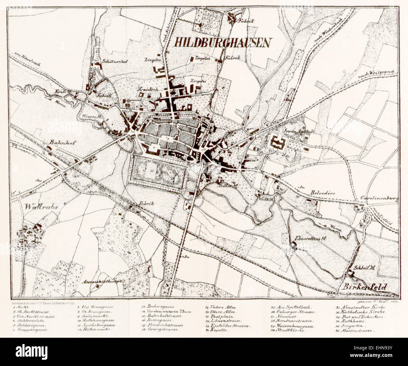 This 1886 city map by Human shows the layout of Hildburghausen, a town ...