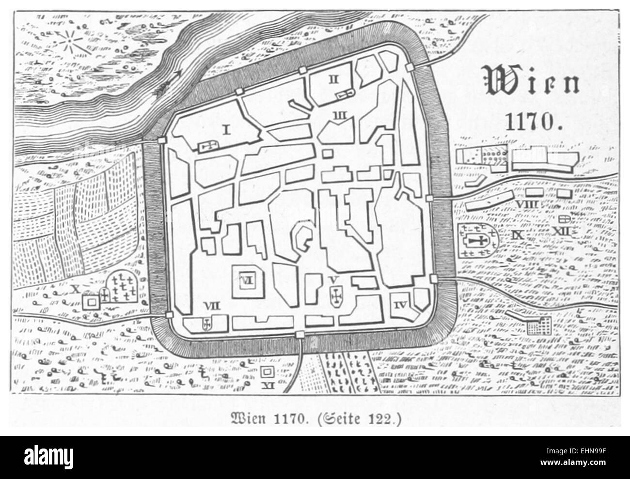A historical plan of Vienna from around 1170, illustrated by Bermann in ...