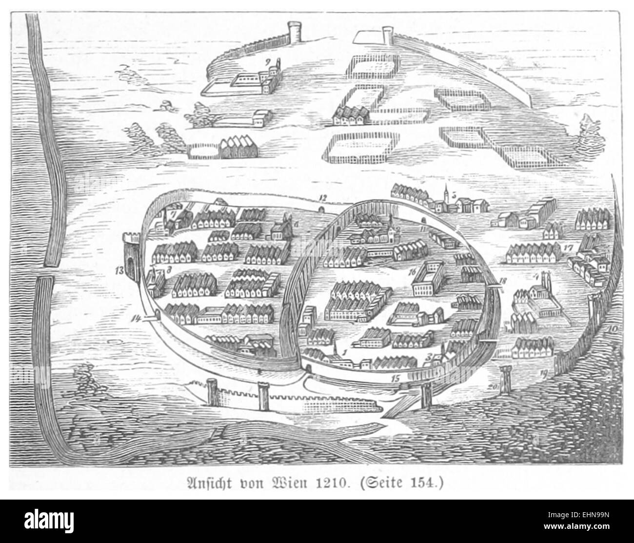An 1880 map by Bermann depicting Vienna around the year 1210, offering ...