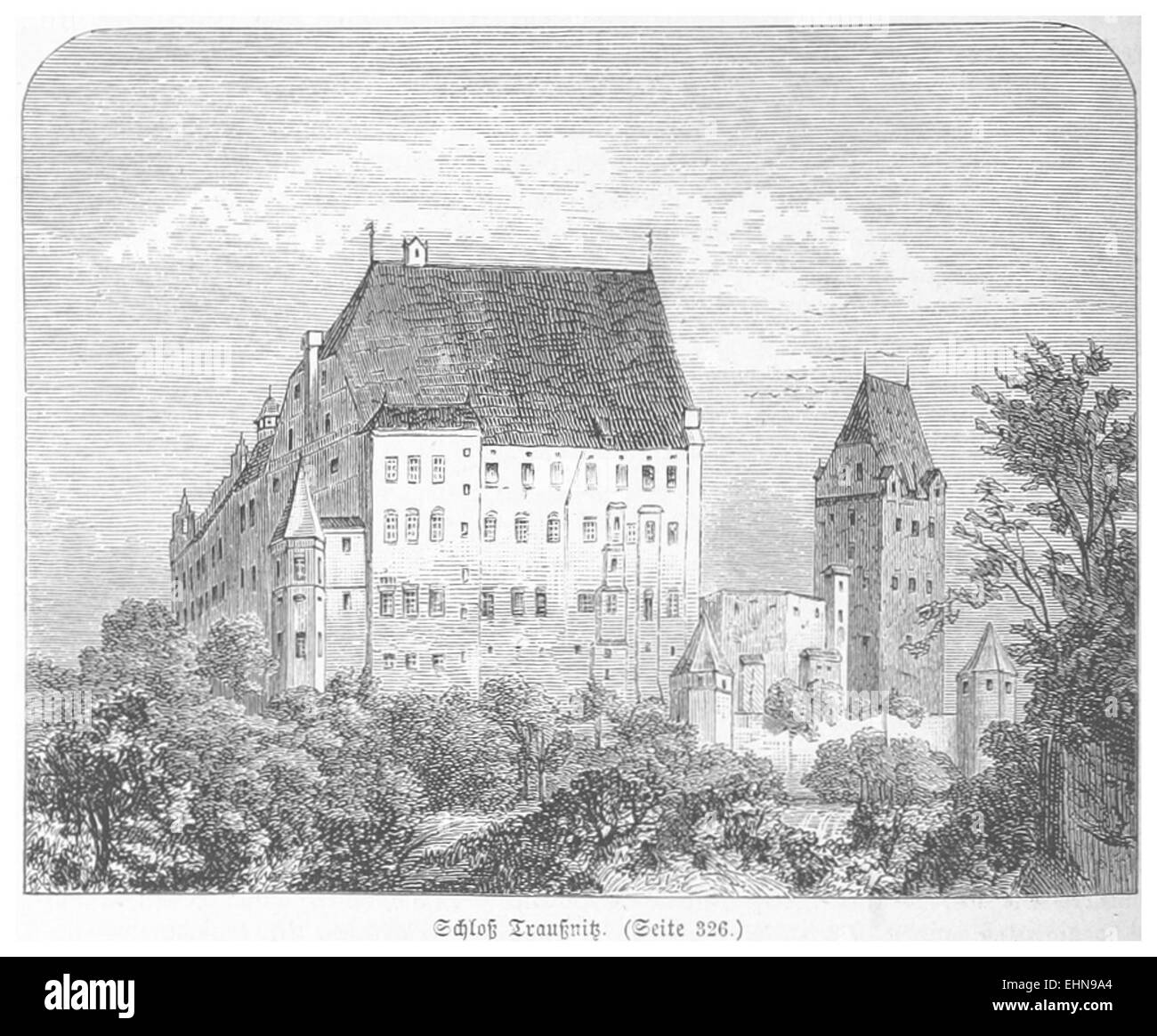 This 1880 illustration by Bermann depicts Schloss Trauánitz, a historic ...