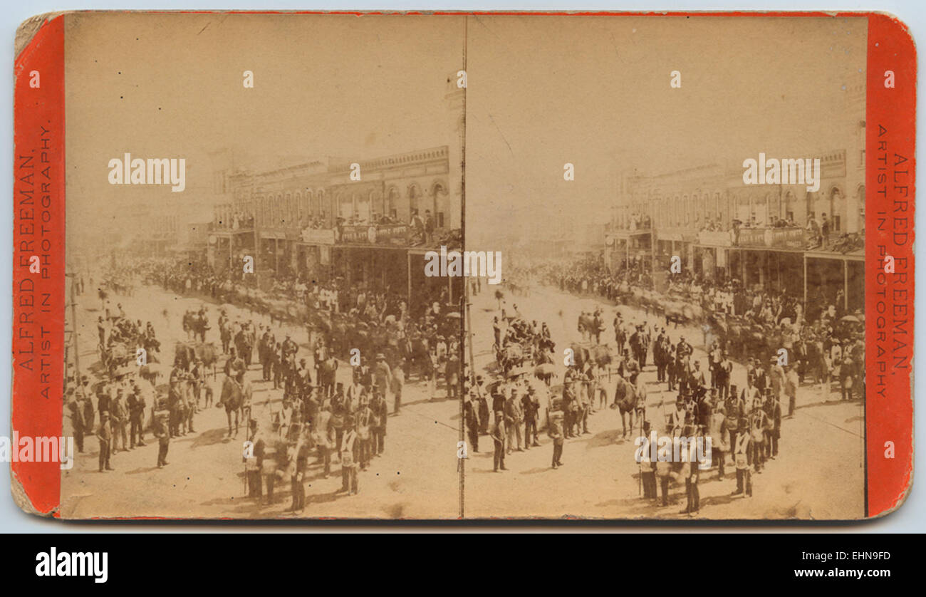 This stereoview captures the 4th of July parade in Dallas, Texas ...