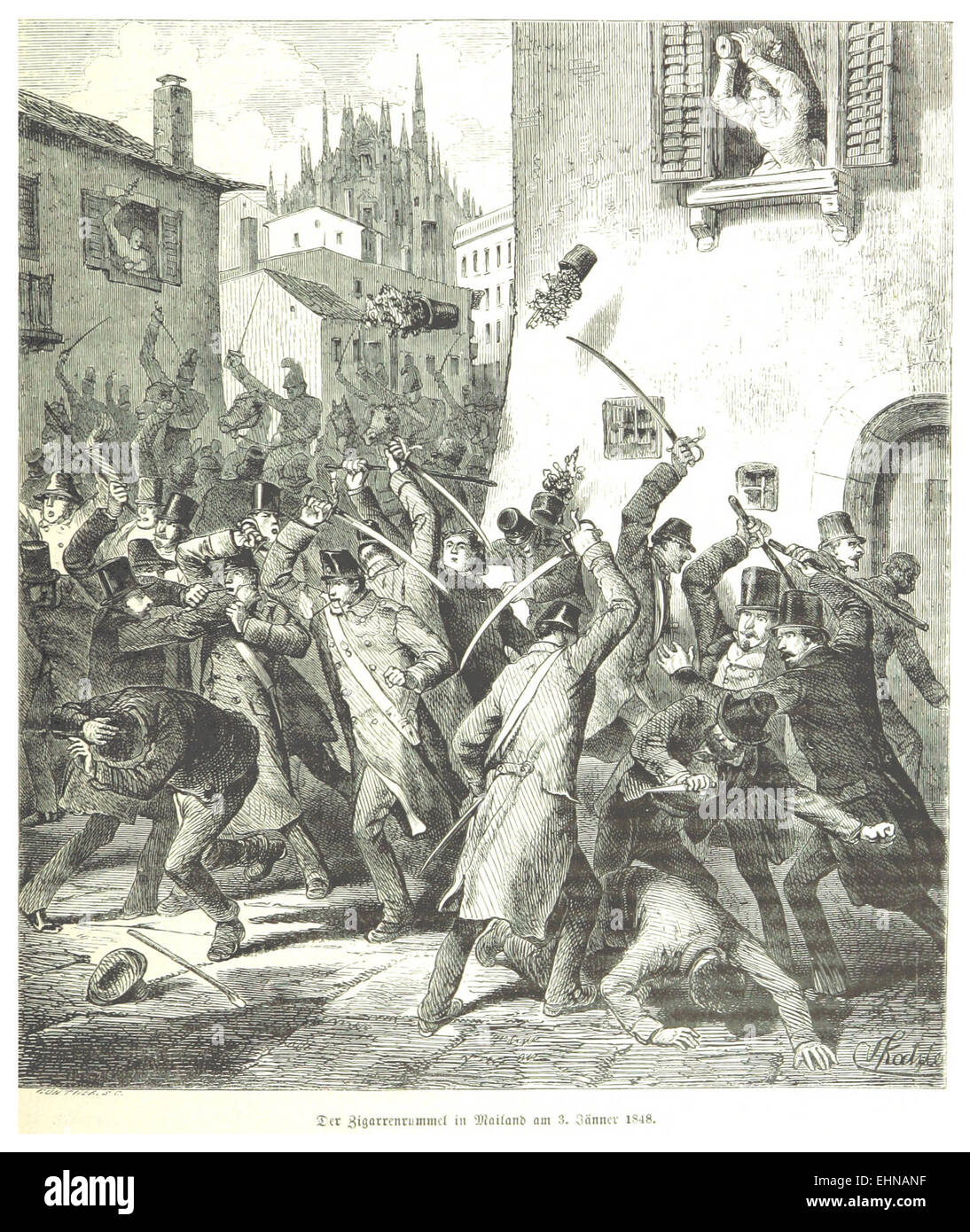 An 1872 German illustration describing the Zigarre Tumult in Meiland on ...