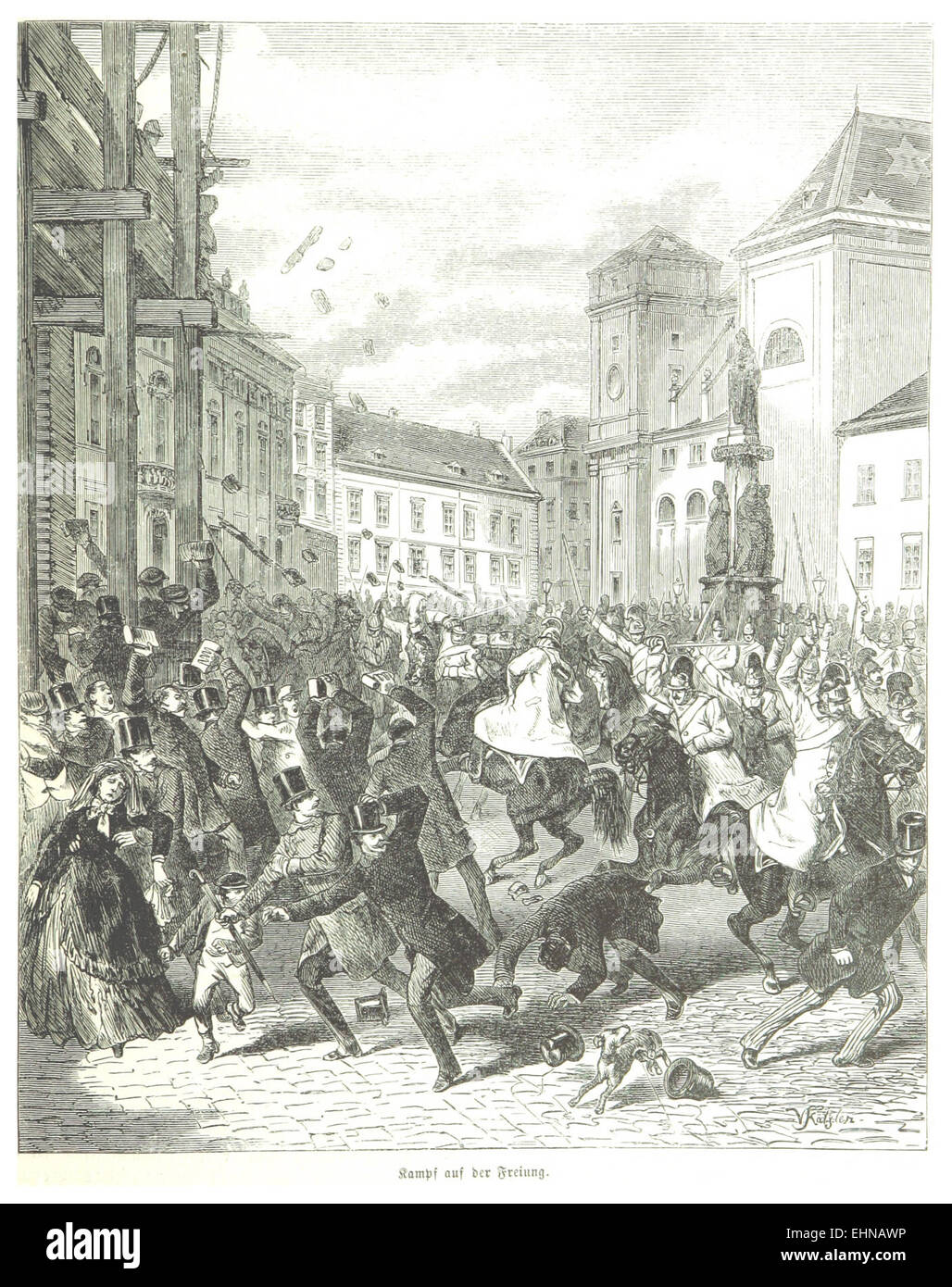 This 1872 illustration depicts battle scenes from the Freiung ...