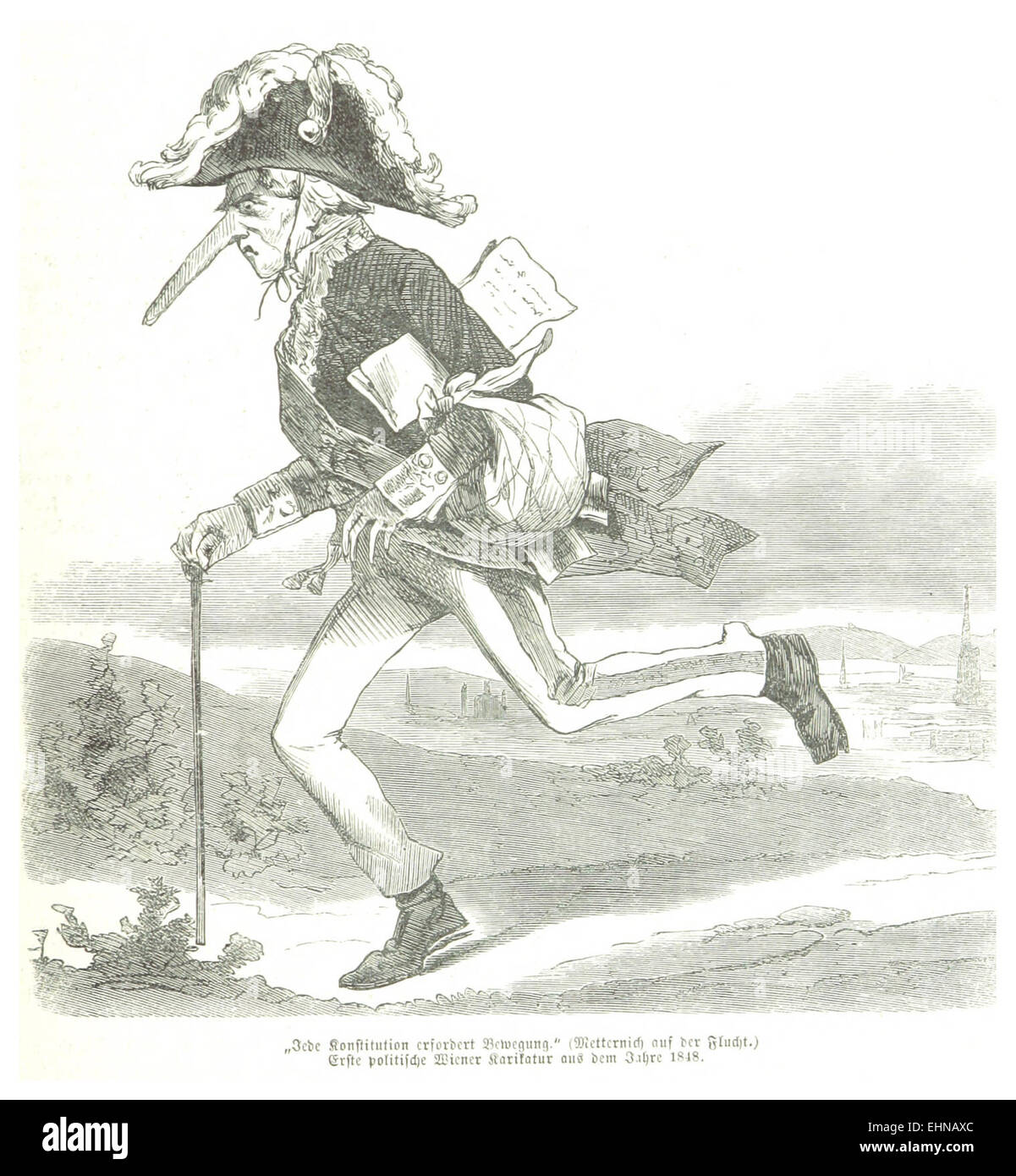This 1872 illustration depicts Prince Metternich fleeing from political ...