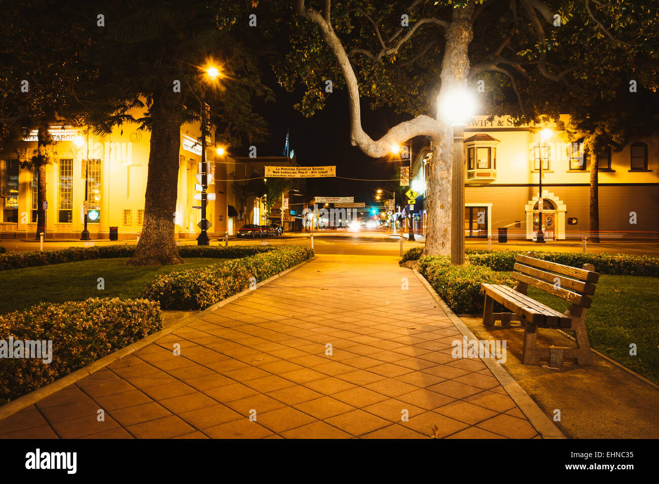 Walkway in Orange Circle at night, in Orange, California Stock Photo ...