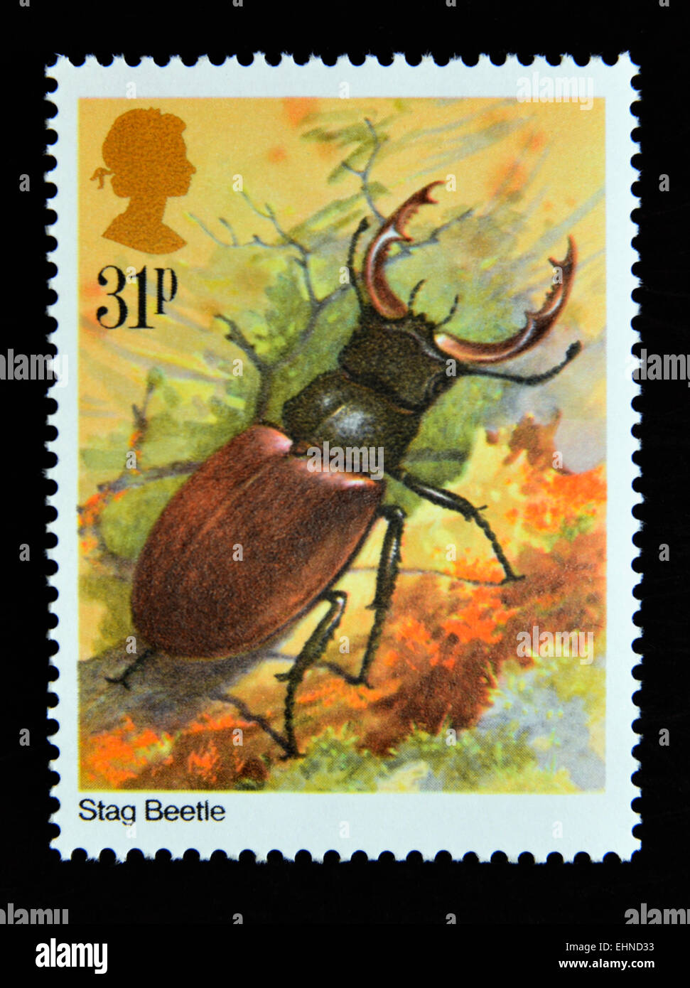 Postage stamp. Great Britain. Queen Elizabeth II. 1985. Insects. Stag ...