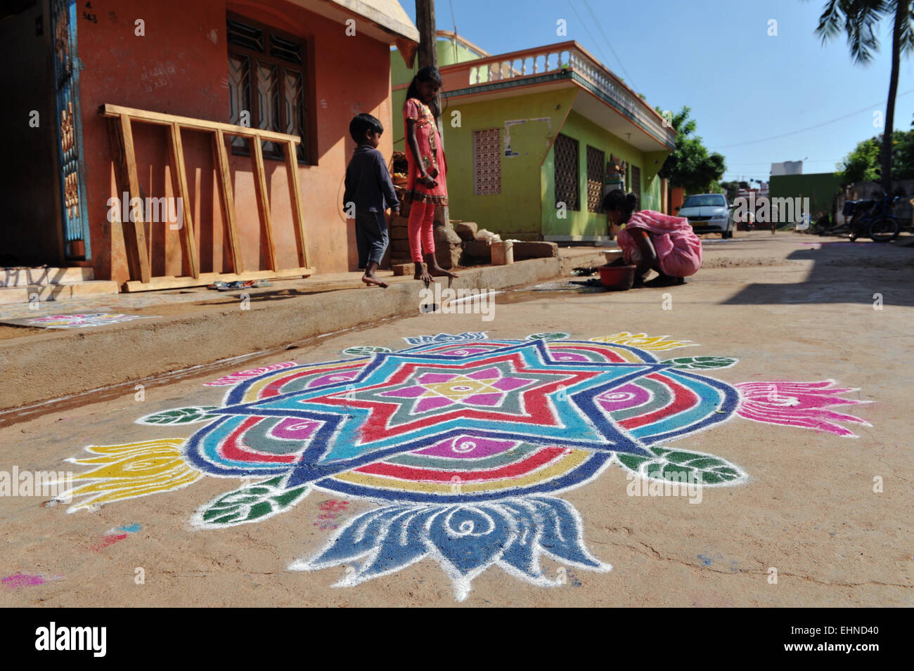 Kolams in the village of Kuilapalayam, during Pongal harvest festival ...