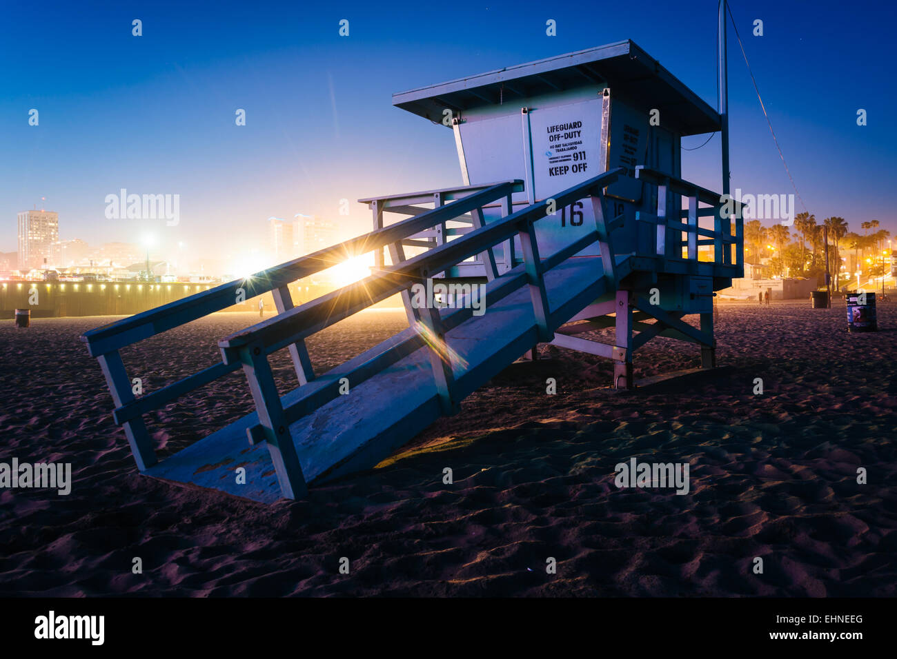 A lifeguard tower on the beach at night, in Santa Monica, California ...
