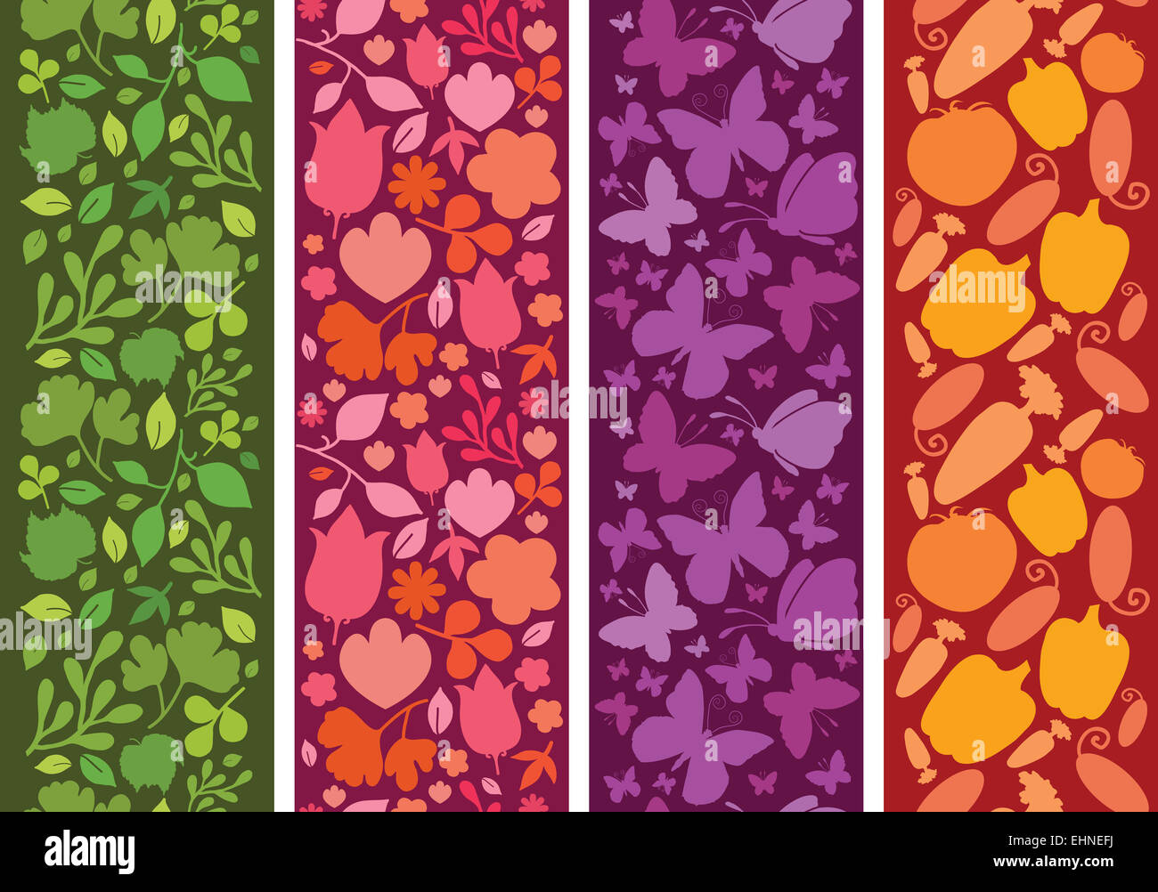 Set of four plants and butterflies horizontal seamless patterns borders ...