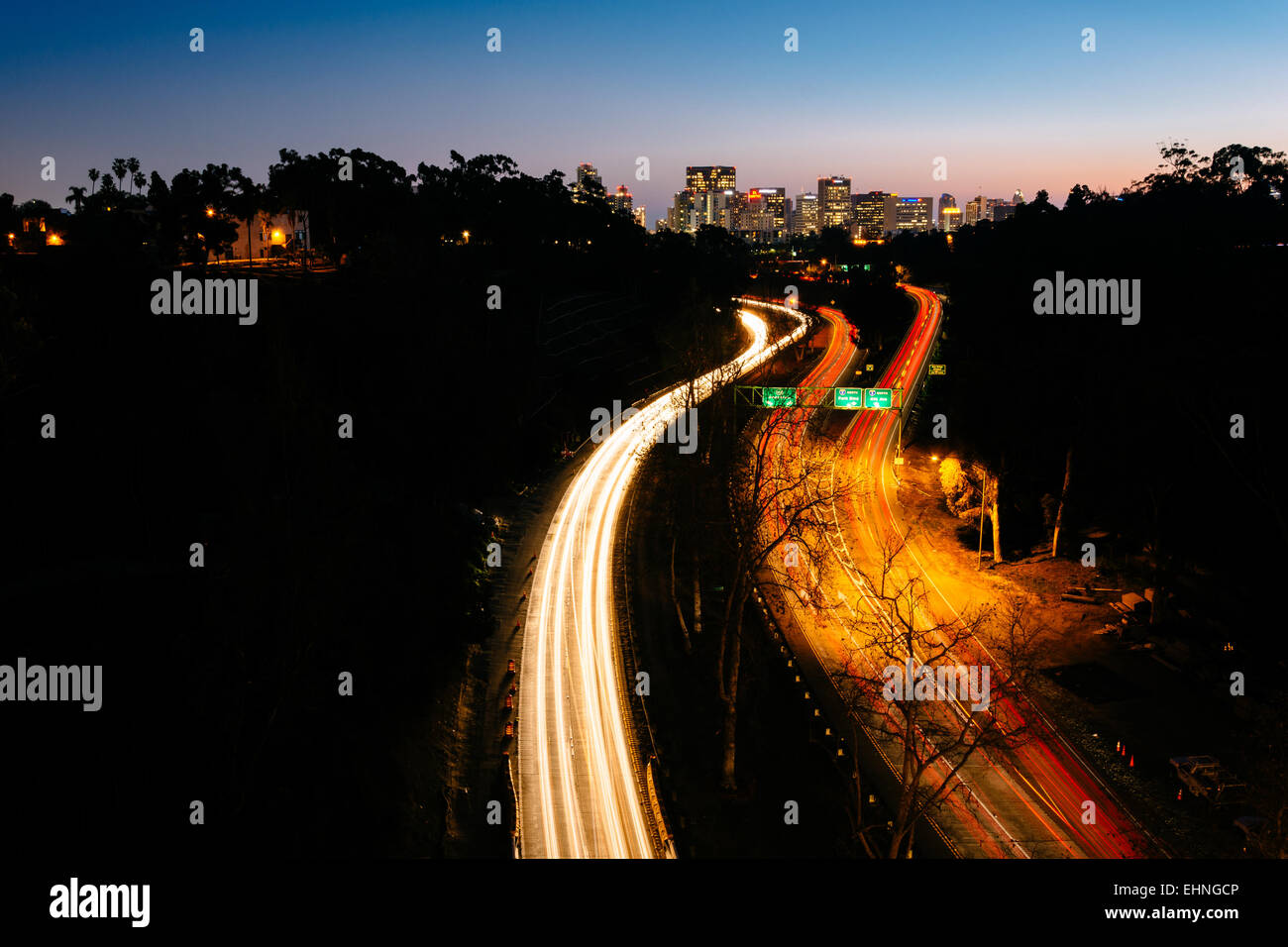California Route 163 and the San Diego Skyline at night, seen from the ...