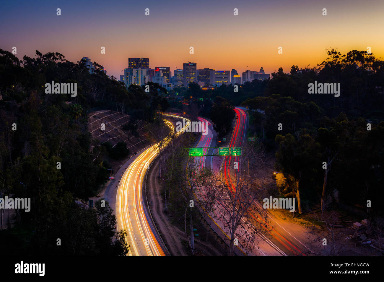 California Route 163 and the San Diego Skyline at night, seen from the ...