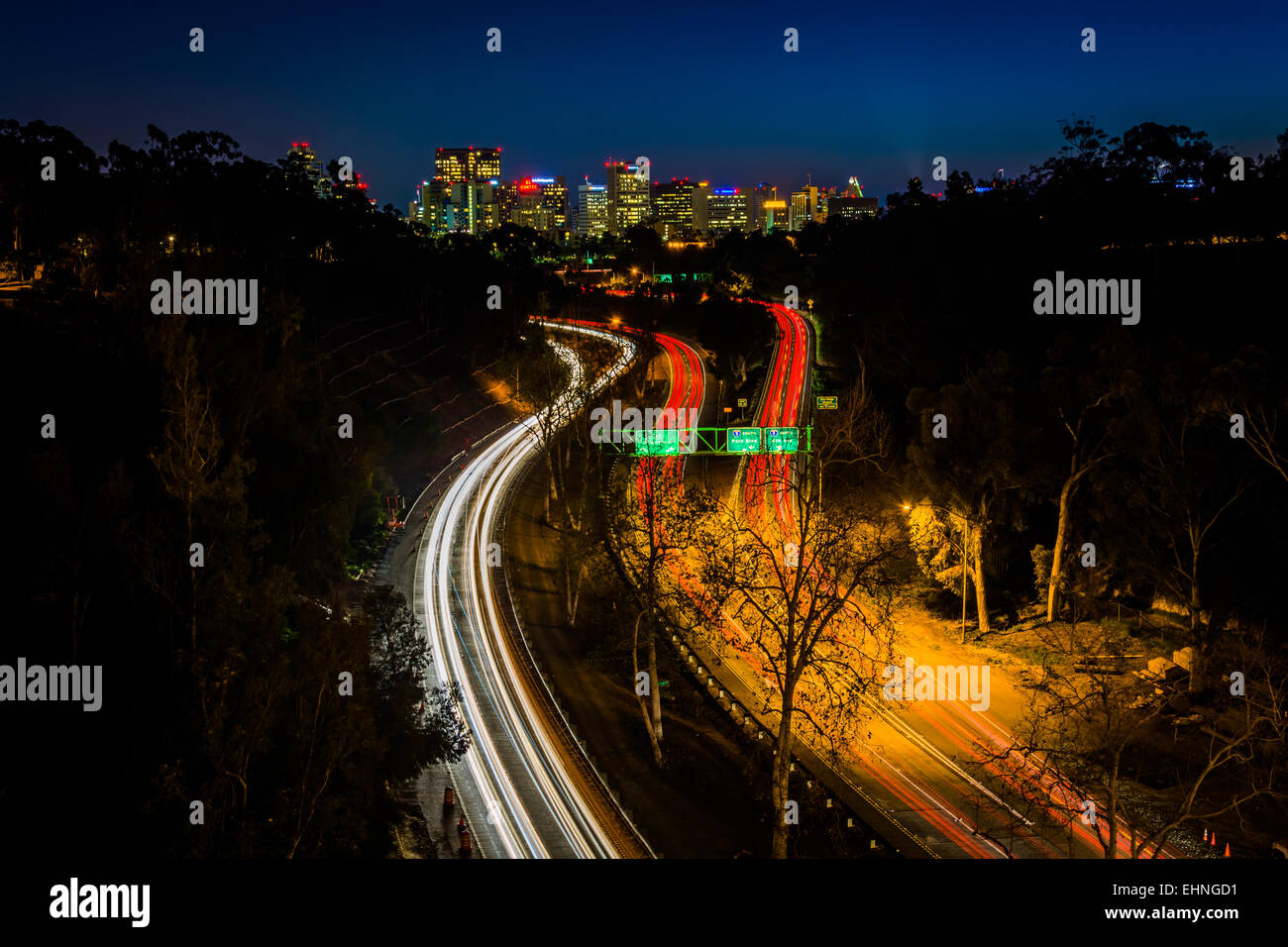 California Route 163 and the San Diego Skyline at night, seen from the ...