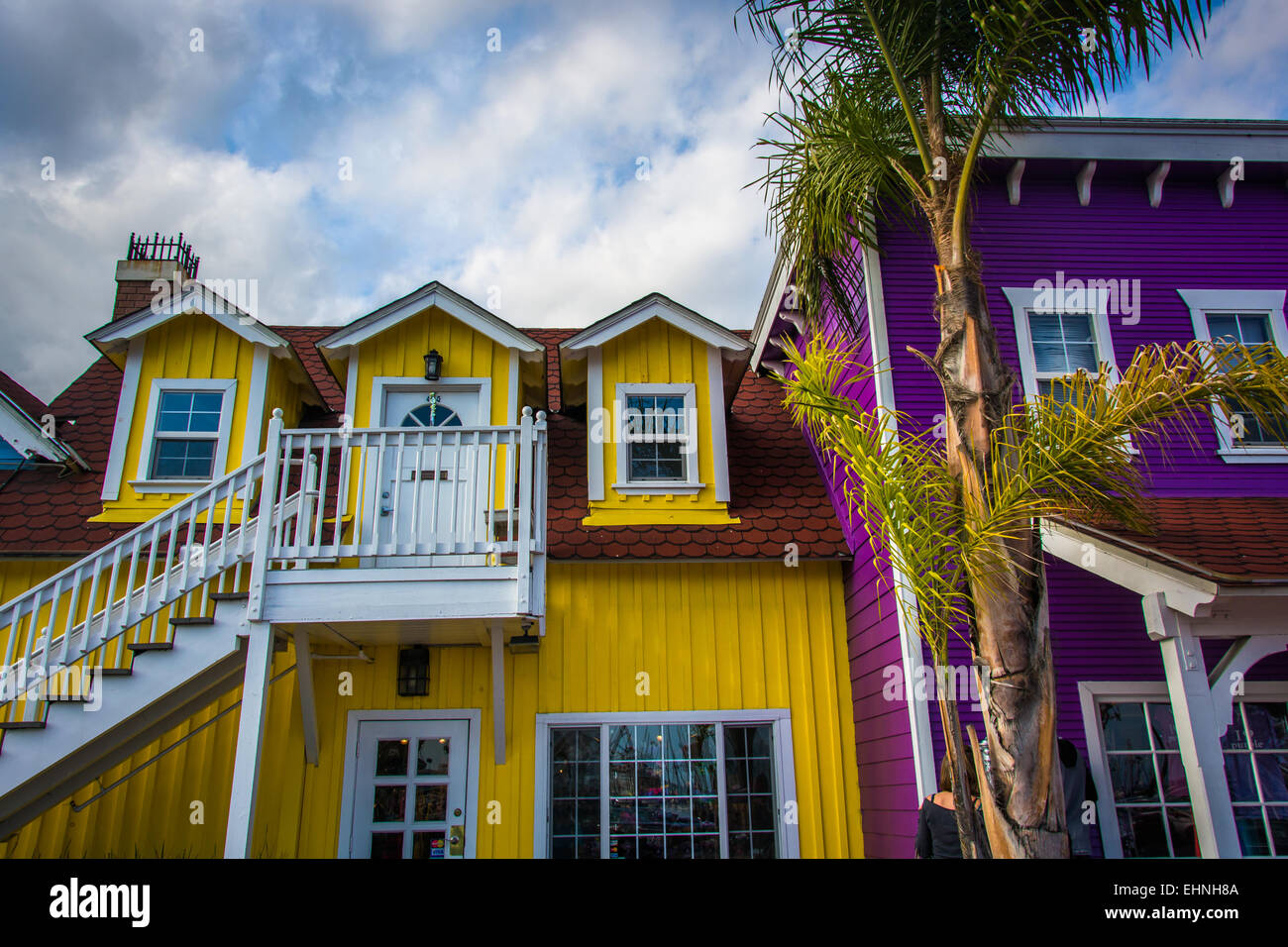 Colorful buildings and palm tree in Long Beach, California Stock Photo ...