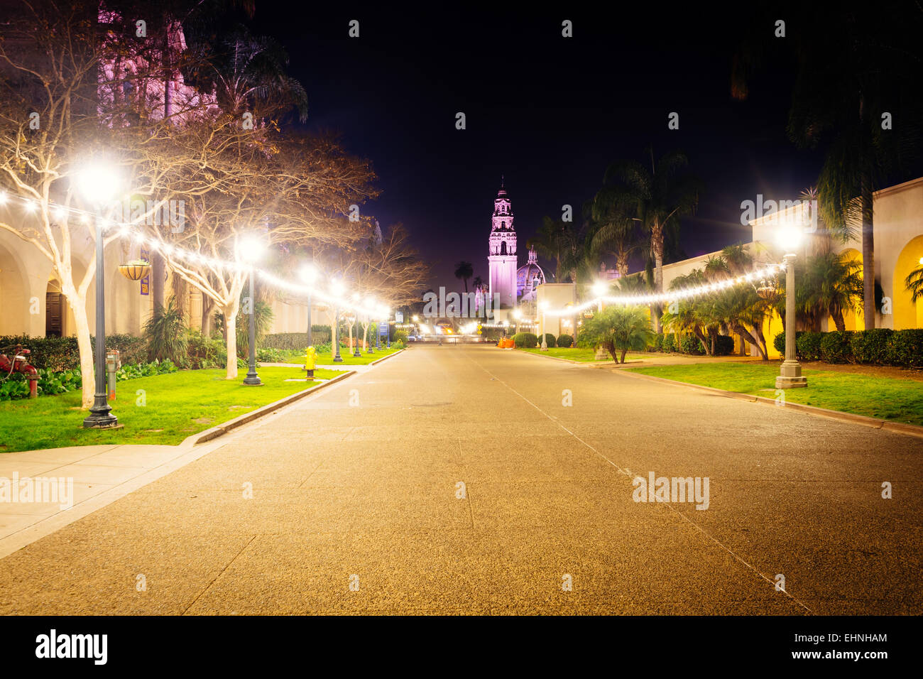 El Prado at night, in Balboa Park, San Diego, California Stock Photo ...