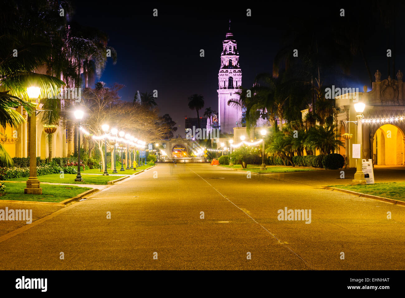 El Prado at night, in Balboa Park, San Diego, California Stock Photo ...