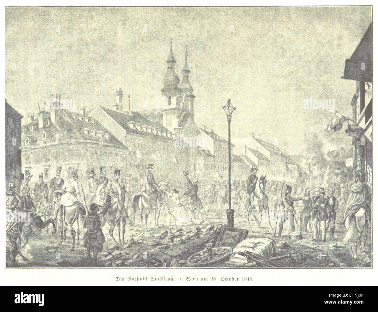 A 1898 illustration by Bach showing the military entering the suburbs ...