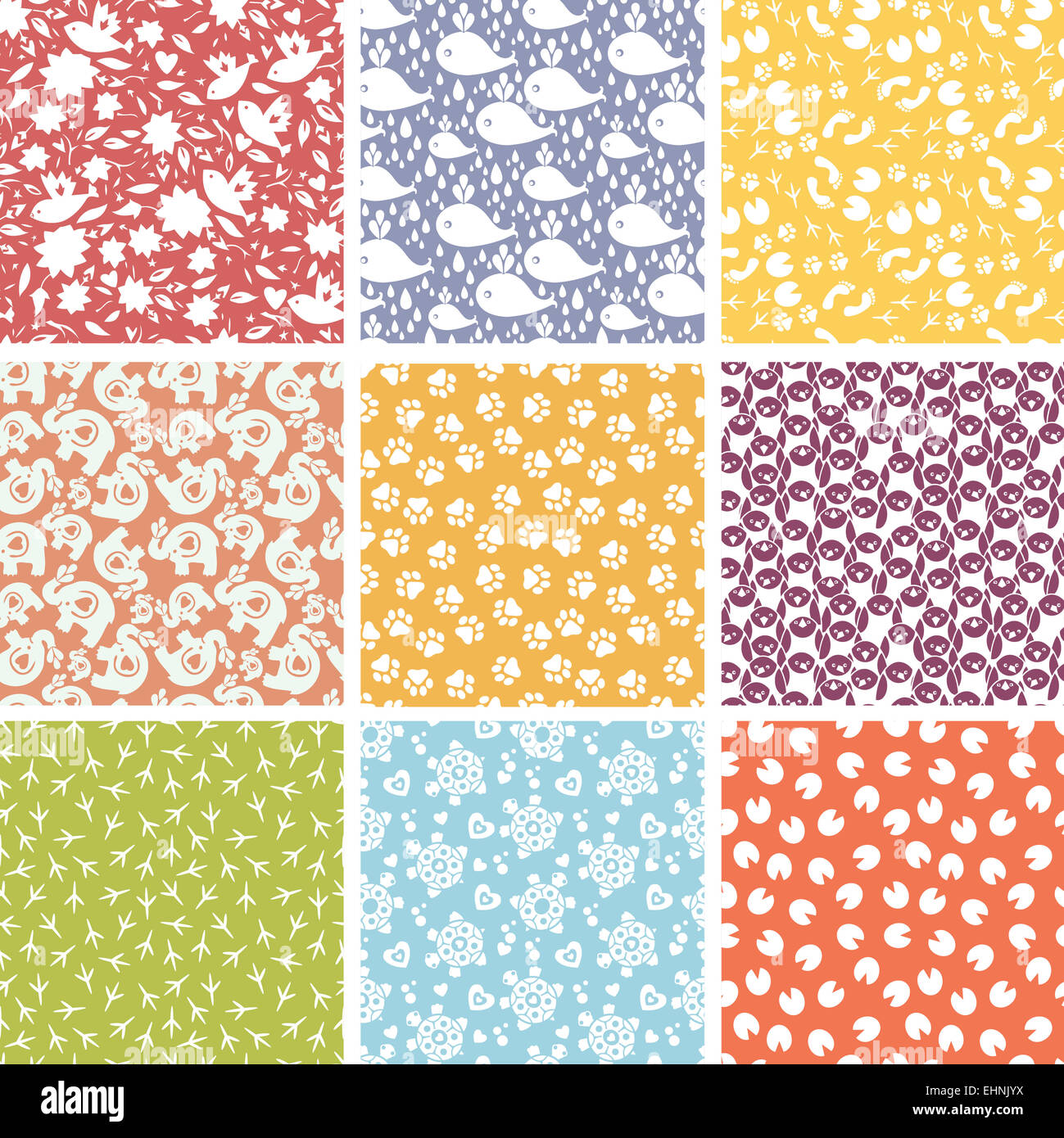 Set of nine cute elements seamless patterns backgrounds Stock Photo - Alamy