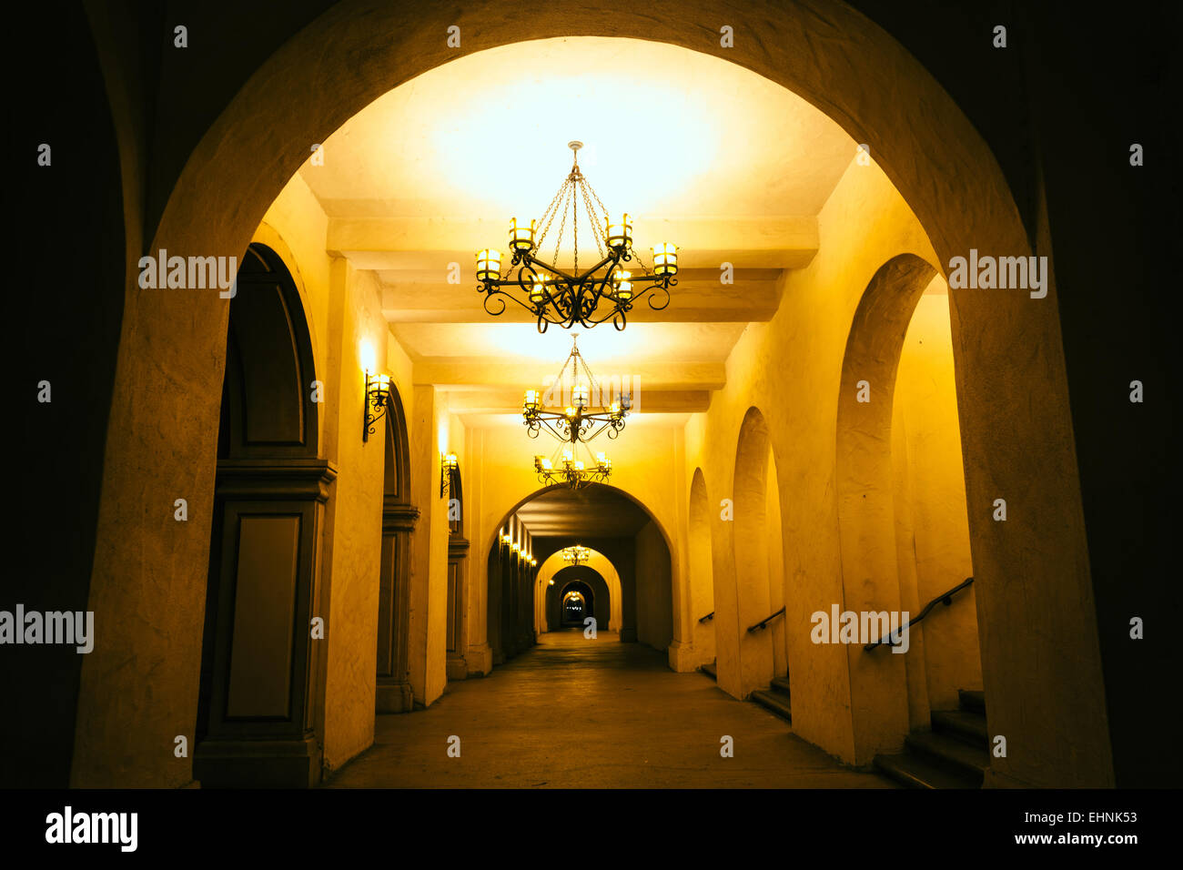 Hallway at night, in Balboa Park, San Diego, California Stock Photo - Alamy
