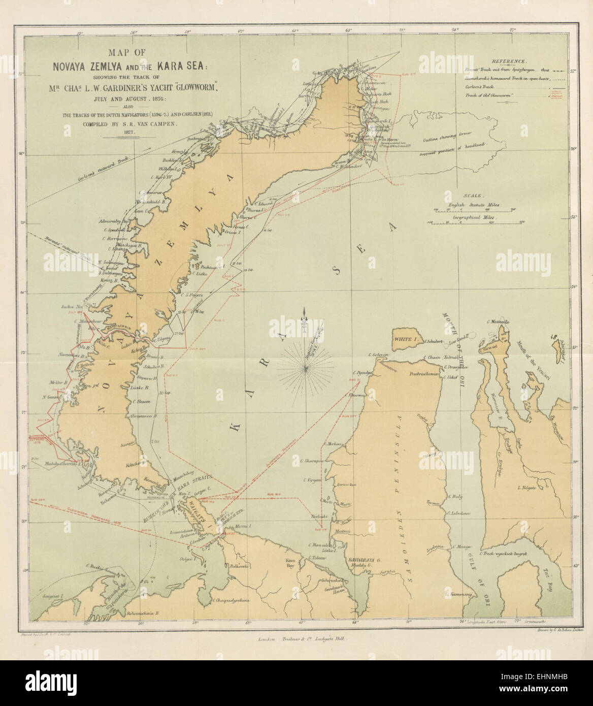 An 1877 map from Jonge detailing the region of Novaya Zemlya, an ...