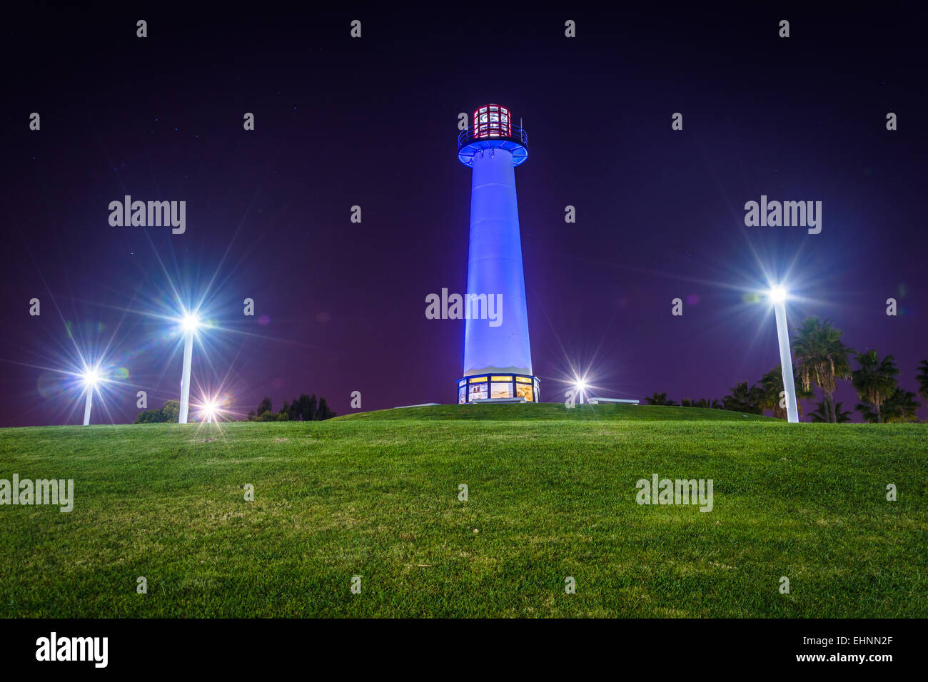 Long Beach Harbor Lighthouse at night, in Long Beach, California Stock ...