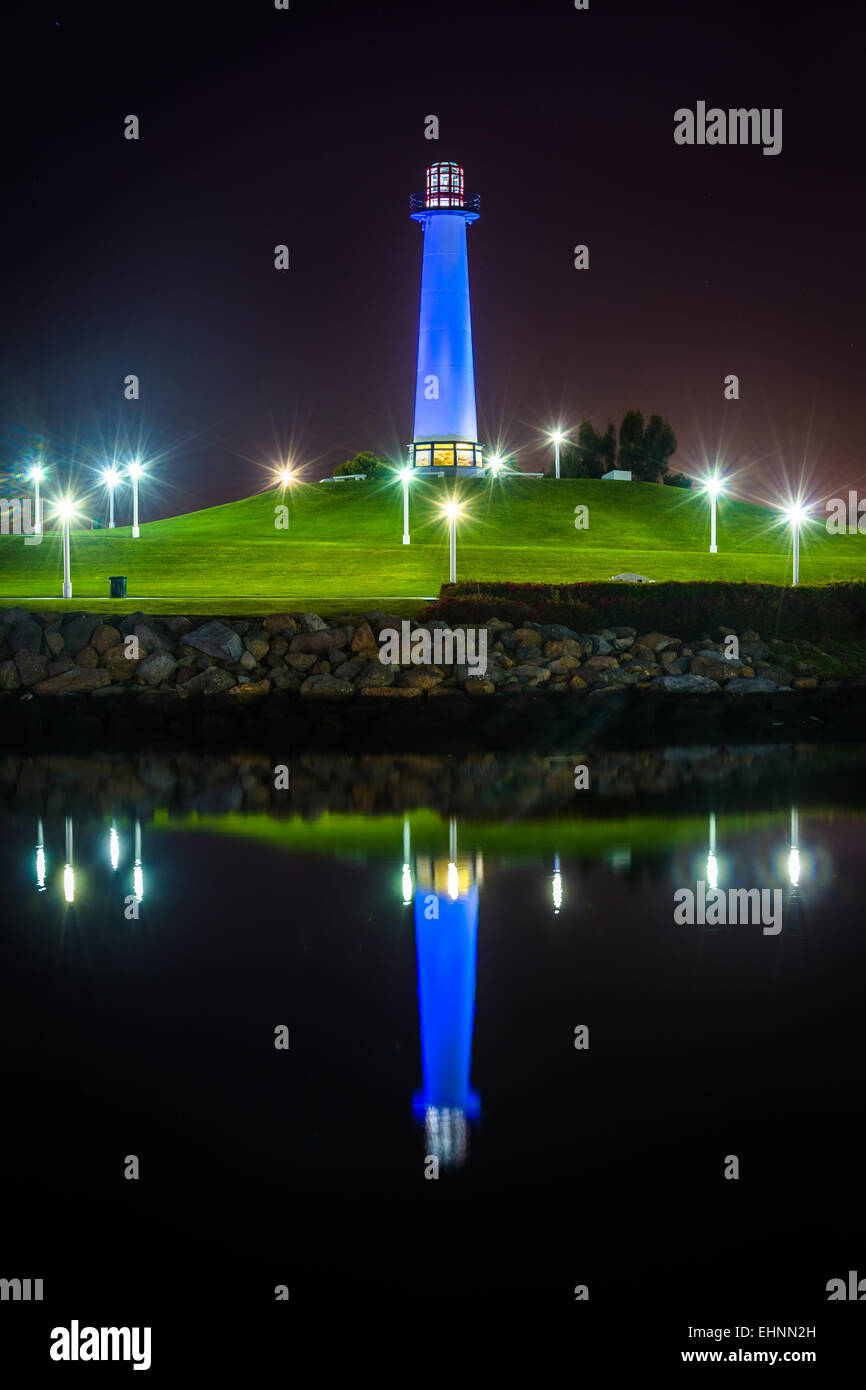 Long Beach Harbor Lighthouse reflecting at night, in Long Beach ...