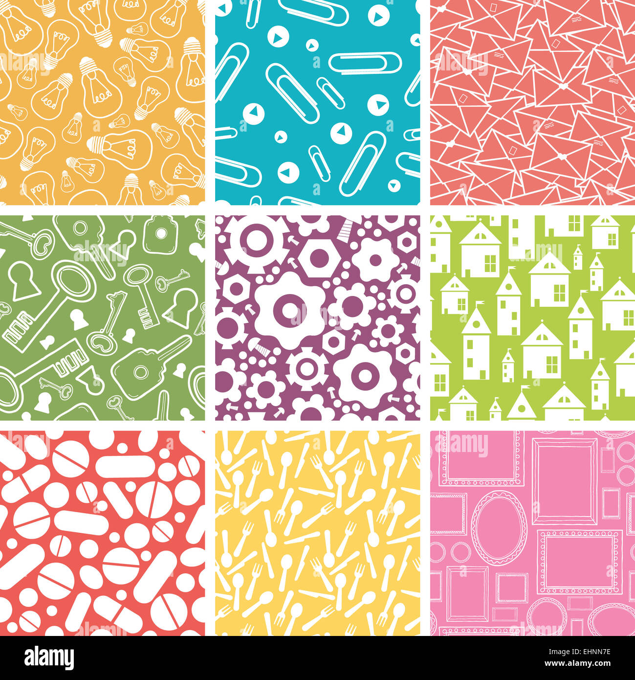 Set of nine household objects seamless patterns backgrounds Stock Photo ...