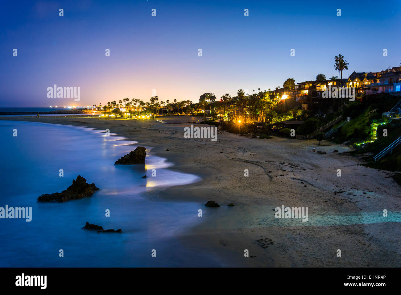 Moonlit night view of the Pacific Ocean and Corona del Mar State Beach ...