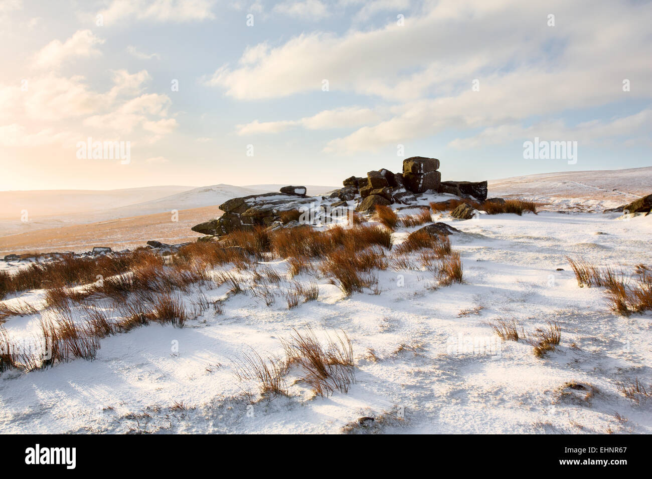 Snow on Rowtor Dartmoor National Park Devon Uk Stock Photo - Alamy