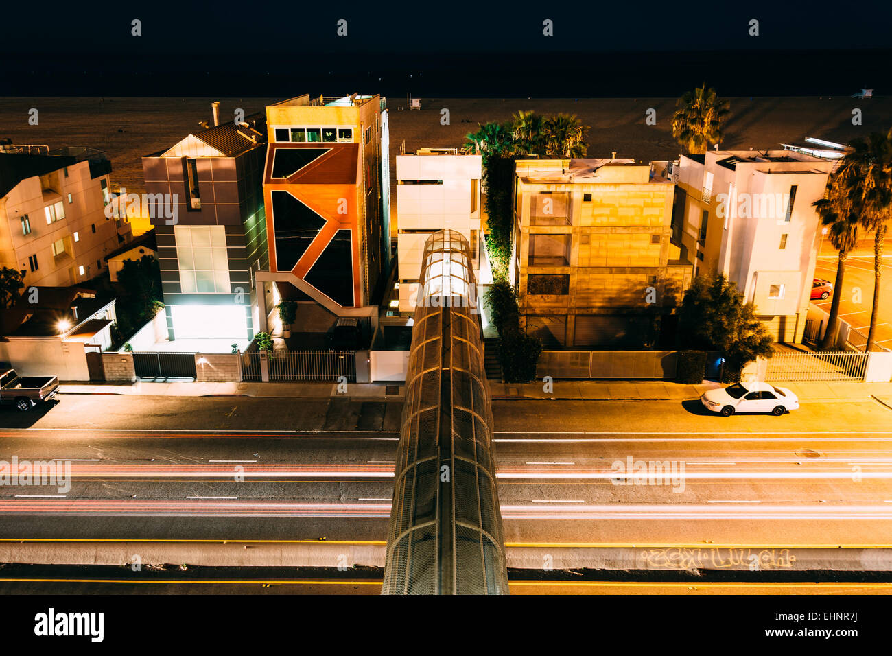Pedestrian bridge over Pacific Coast Highway at night, in Santa Monica ...