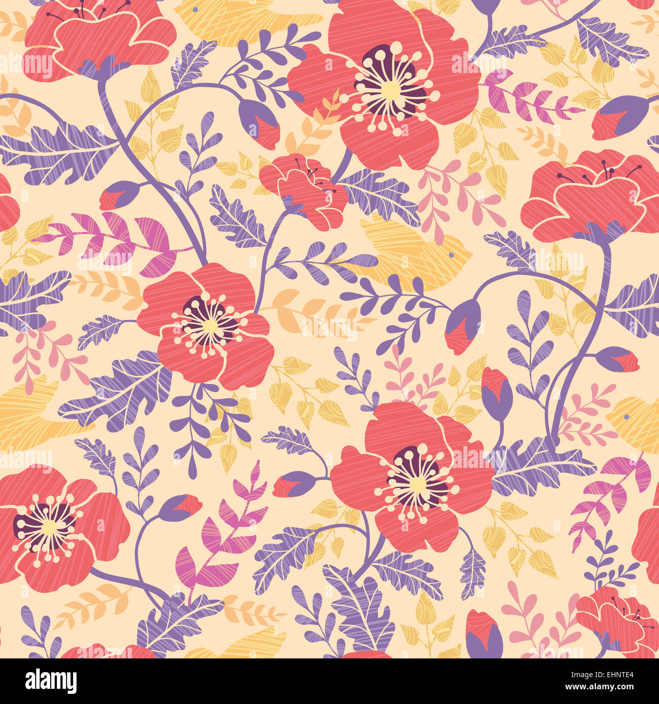Poppy flowers and birds seamless pattern background Stock Photo - Alamy