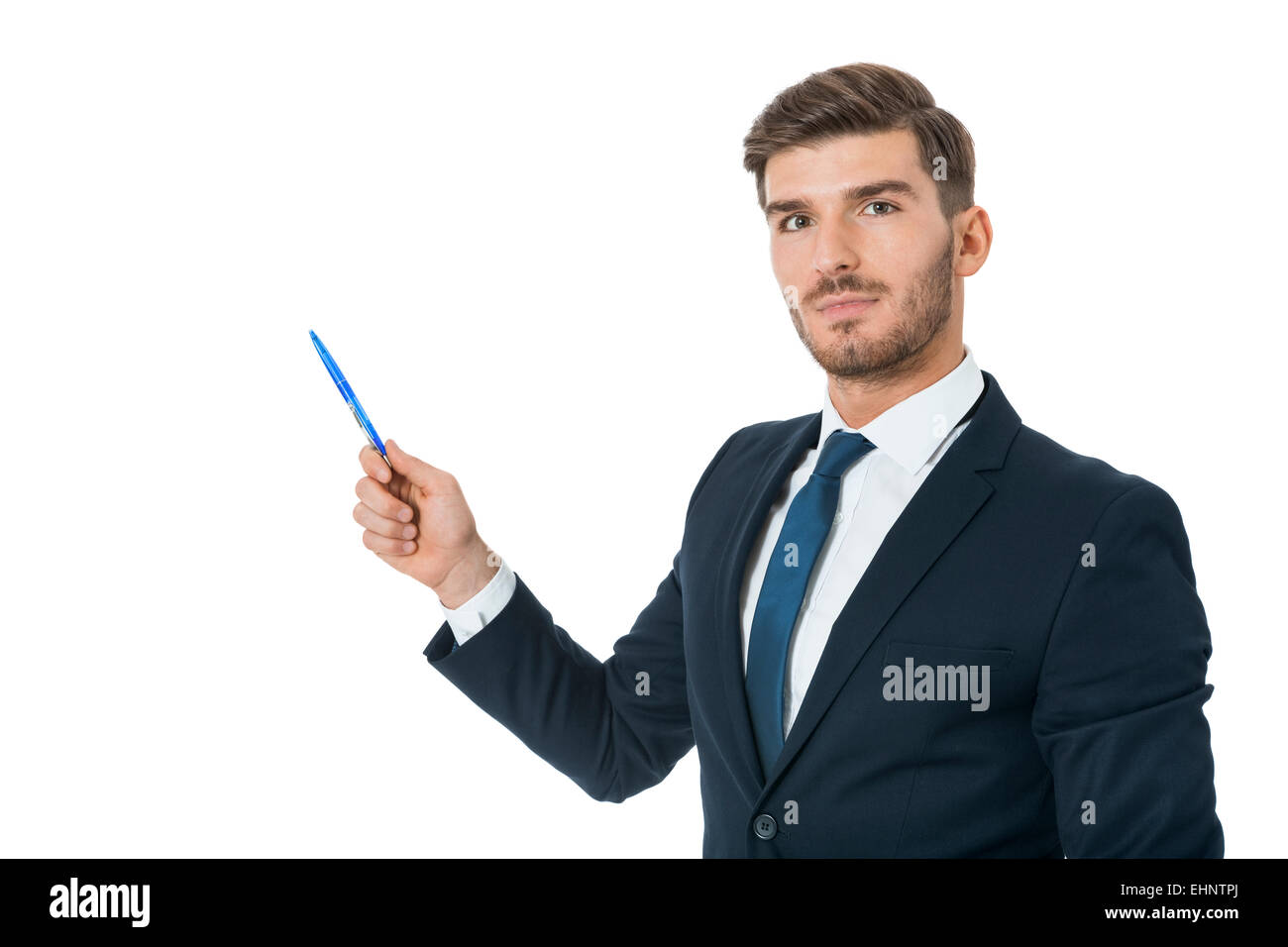 Stylish young businessman doing a presentation, making a selection or ...